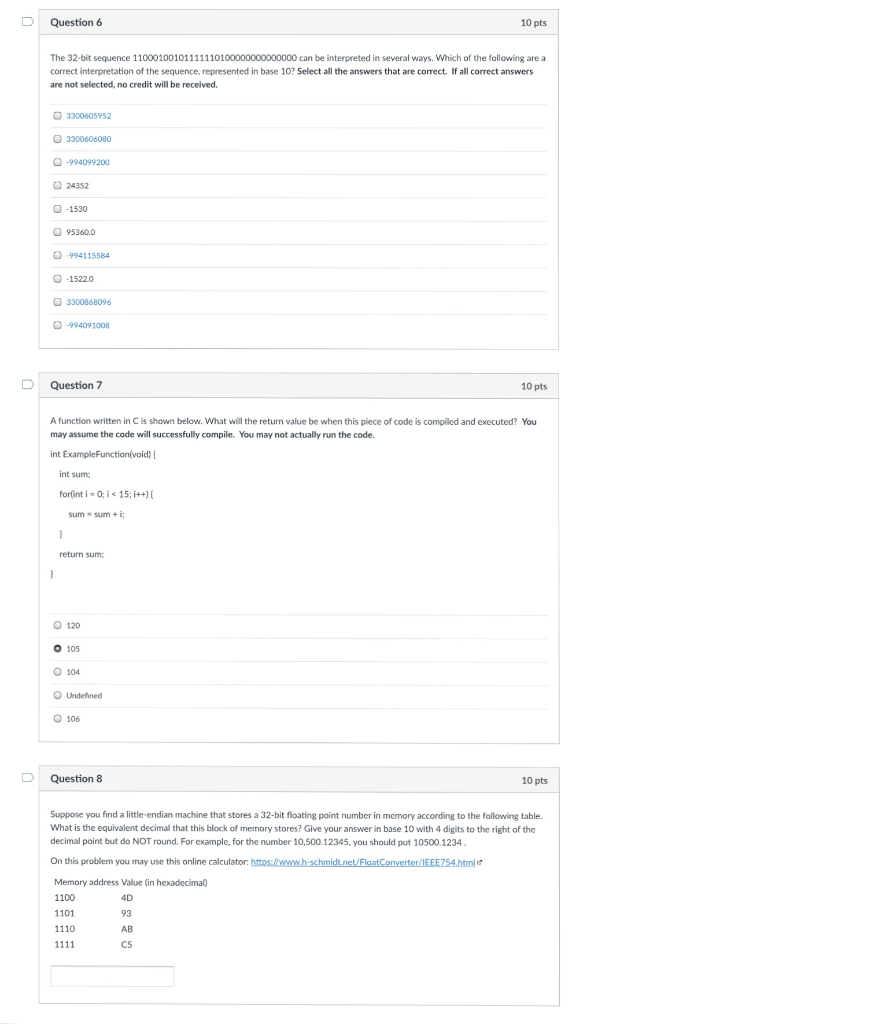 Solved D Question 6 10 pts The 32-bit sequence | Chegg.com