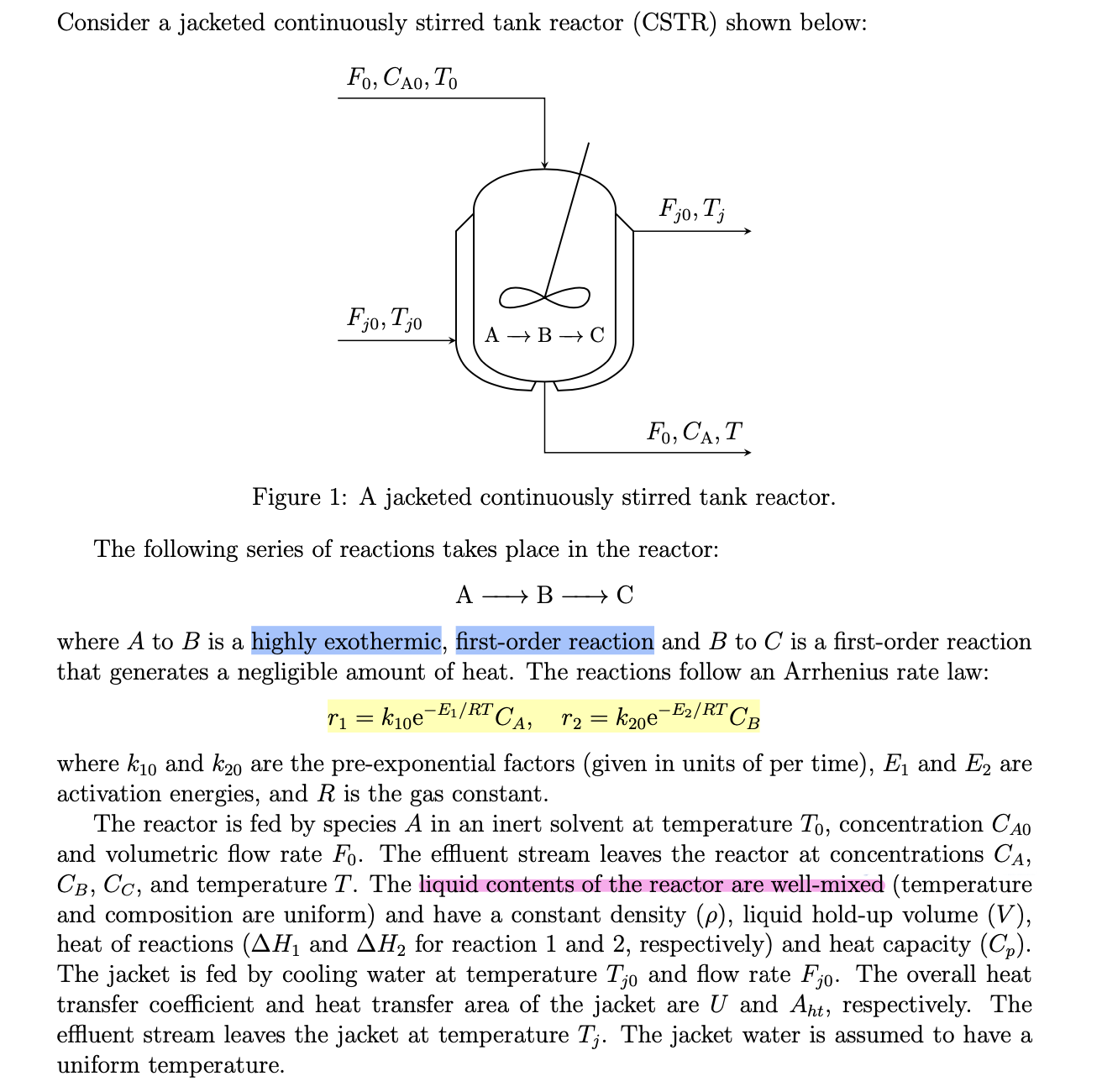 Consider a jacketed continuously stirred tank reactor | Chegg.com