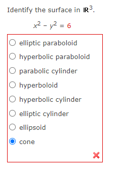Solved Identify the surface in R3. x2−y2=6 elliptic | Chegg.com