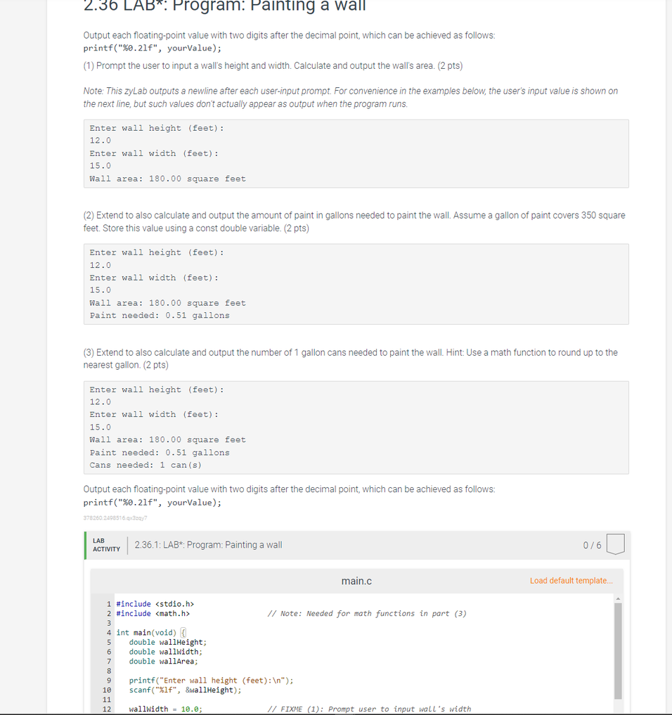 Solved 2.36 LABA: Program: Painting a wall Output each | Chegg.com