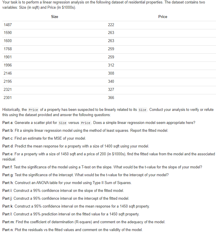 Solved Your task is to perform a linear regression analysis | Chegg.com