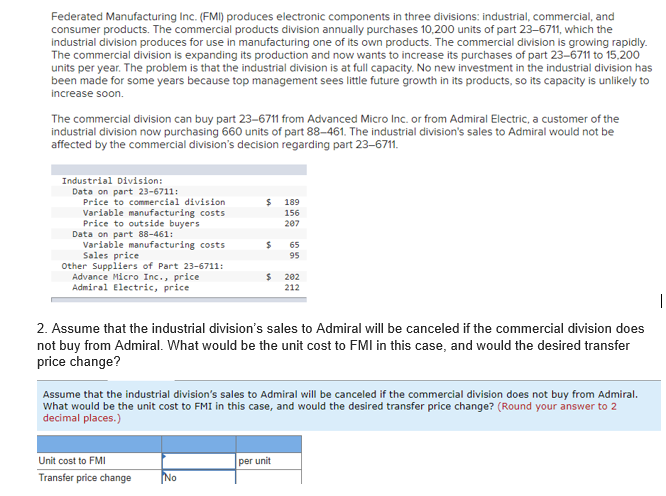 Solved Federated Manufacturing Inc. (FMI) produces | Chegg.com