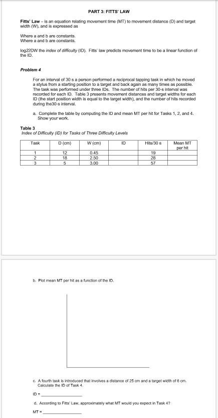 Solved PART 3: FΠΤS, LAW Fitts' Law-s an equation relating | Chegg.com