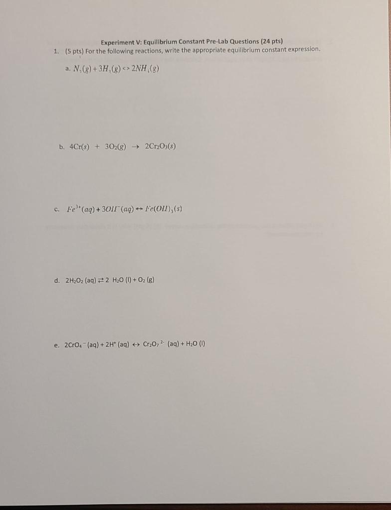 Solved Experiment V: Equilibrium Constant Pre-Lab Questions | Chegg.com