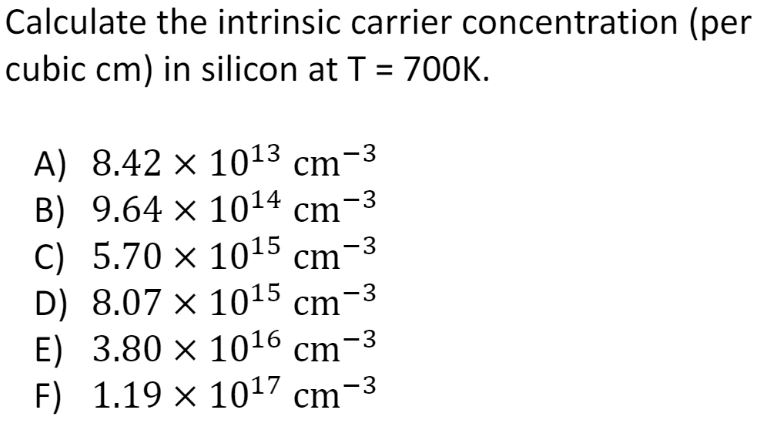 Solved Calculate the intrinsic carrier concentration (per | Chegg.com