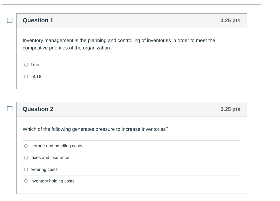 Solved Question 1 0.25 pts Inventory management is the | Chegg.com