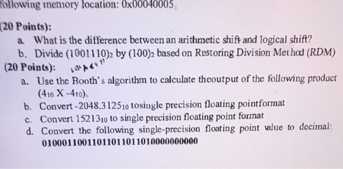 Solved following menory location: 0x00040005 (20 Points): a. | Chegg.com