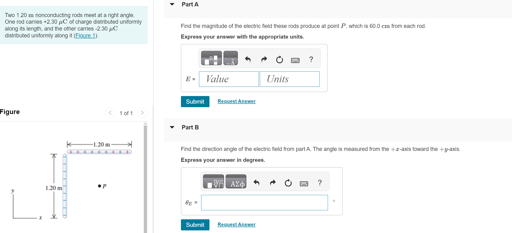 Solved Two 1.20m ﻿nonconducting rods meet at a right | Chegg.com