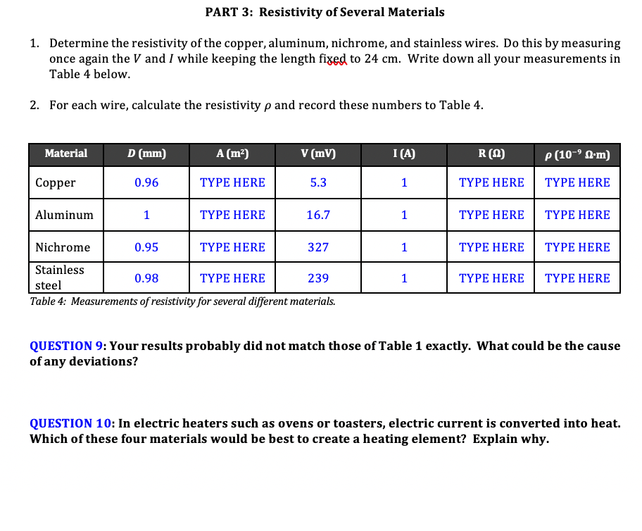 Solved PART 3: Resistivity of Several Materials 1. Determine | Chegg.com