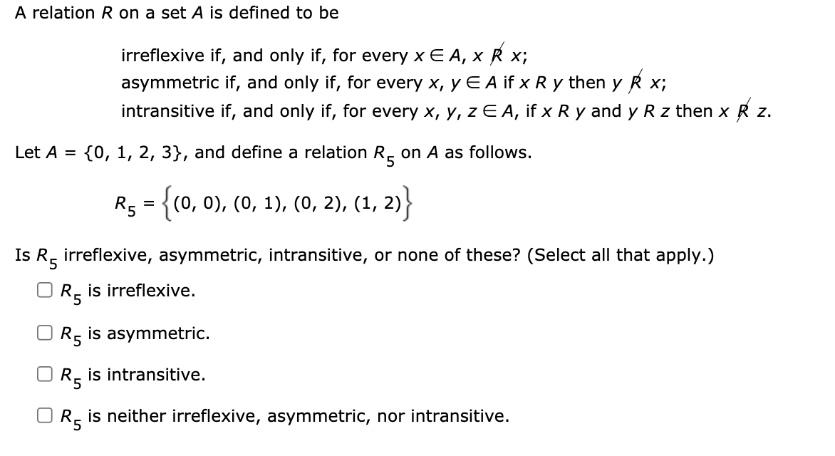 Solved A relation R on a set A is defined to be irreflexive | Chegg.com