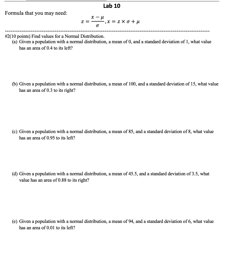 Solved Lab 10 Formula that you may need: z=σx−μ,x=z×σ+μ | Chegg.com