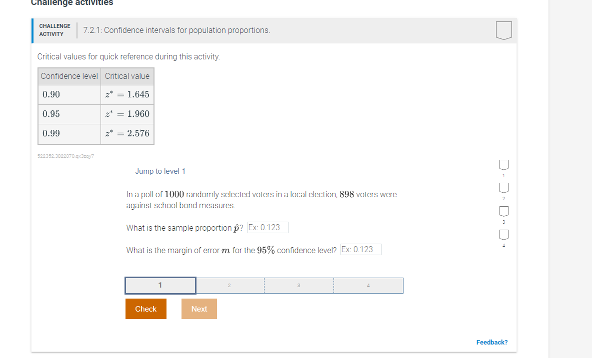 Solved CHALLENGE ACTIVITY 7.2.1: Confidence intervals for | Chegg.com