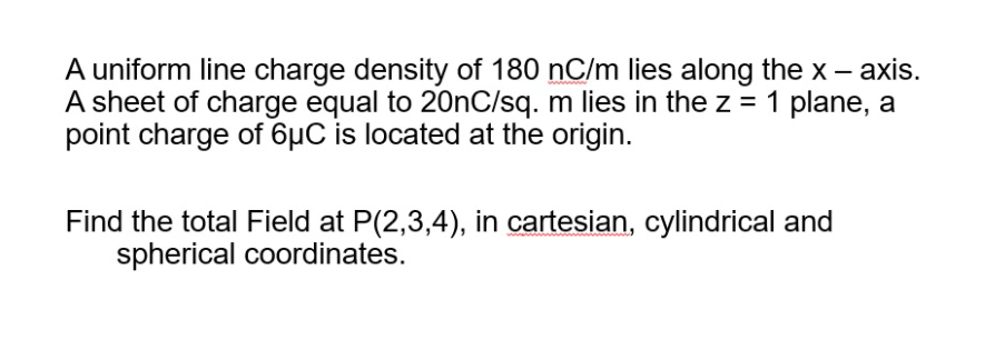 Solved A uniform line charge density of 180 nC/m lies along | Chegg.com
