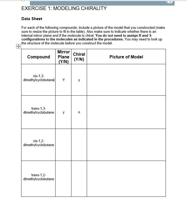 Solved EXERCISE 1: MODELING CHIRALITY Data Sheet For each of | Chegg.com