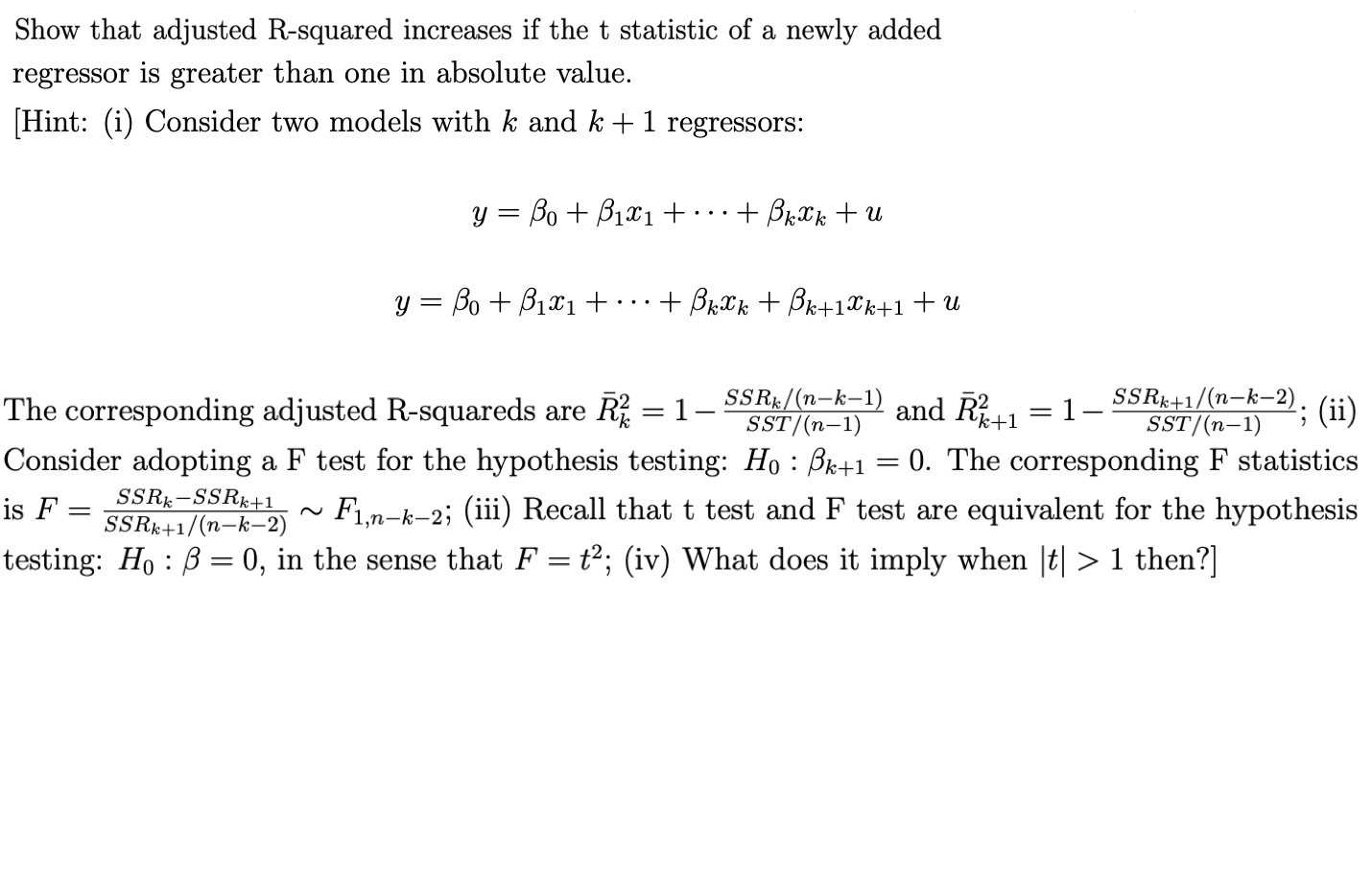 Solved Show that adjusted R-squared increases if the t | Chegg.com