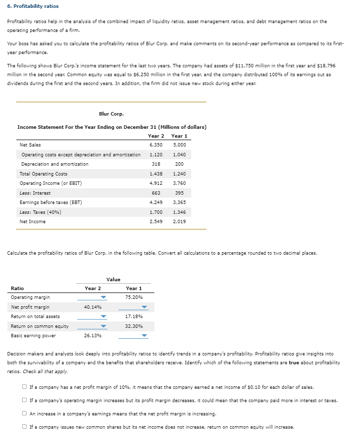 Solved 6. Profitability ratios Profitability ratios help in | Chegg.com