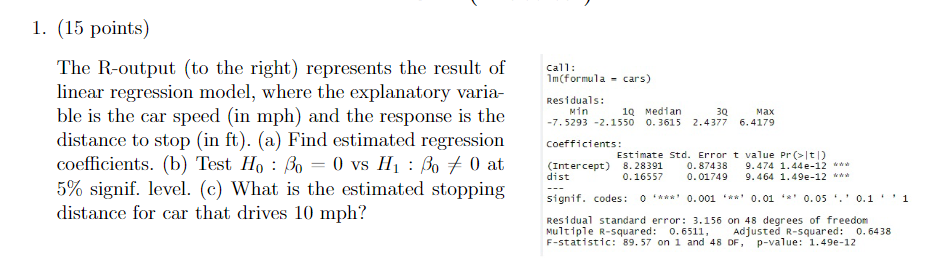 Solved 1. (15 points) The R-output (to the right) represents | Chegg.com