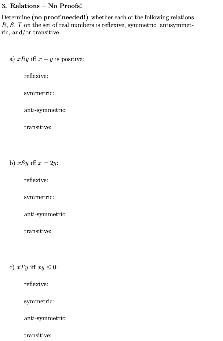 Solved 3. Relations – No Proofs! Determine (no proof | Chegg.com