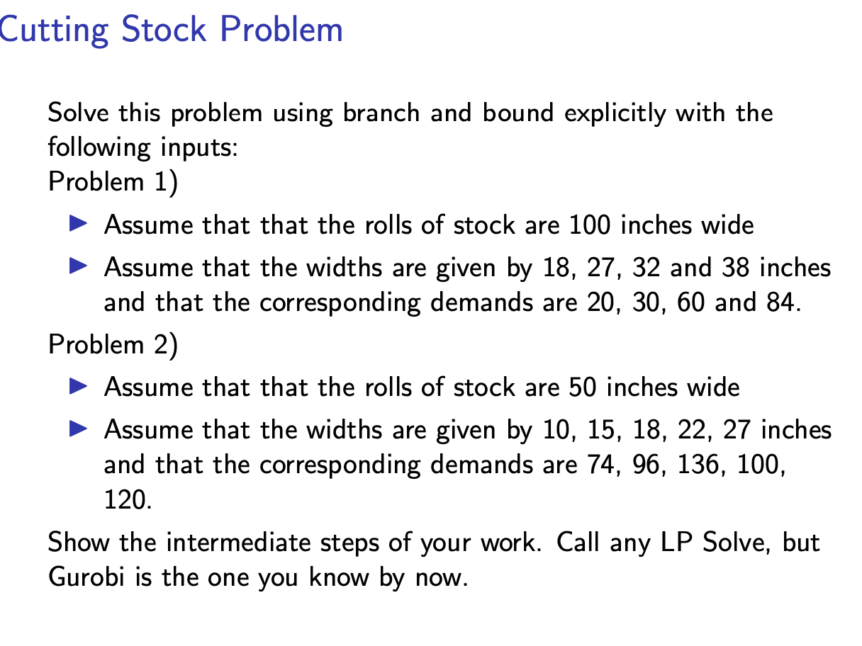Solved Cutting Stock Problem This problem arises in many | Chegg.com