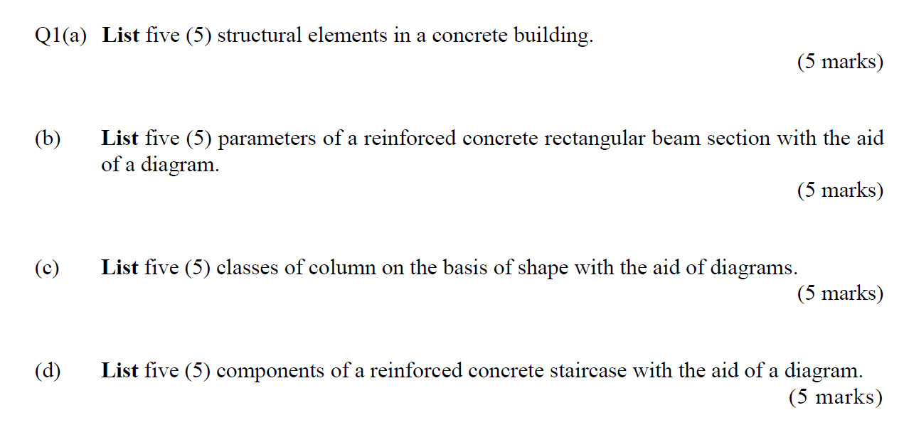 Solved Q1(a) List five (5) structural elements in a concrete | Chegg.com