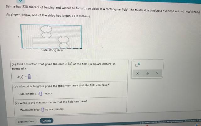 Solved Salma has 320 meters of fencing and wishes to form | Chegg.com