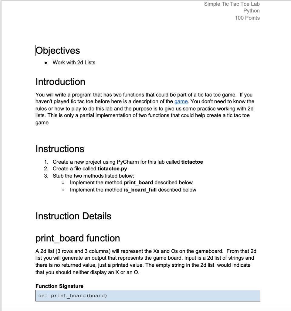 Solved Simple Tic Tac Toe Lab Python 100 Points Objectives . | Chegg.com