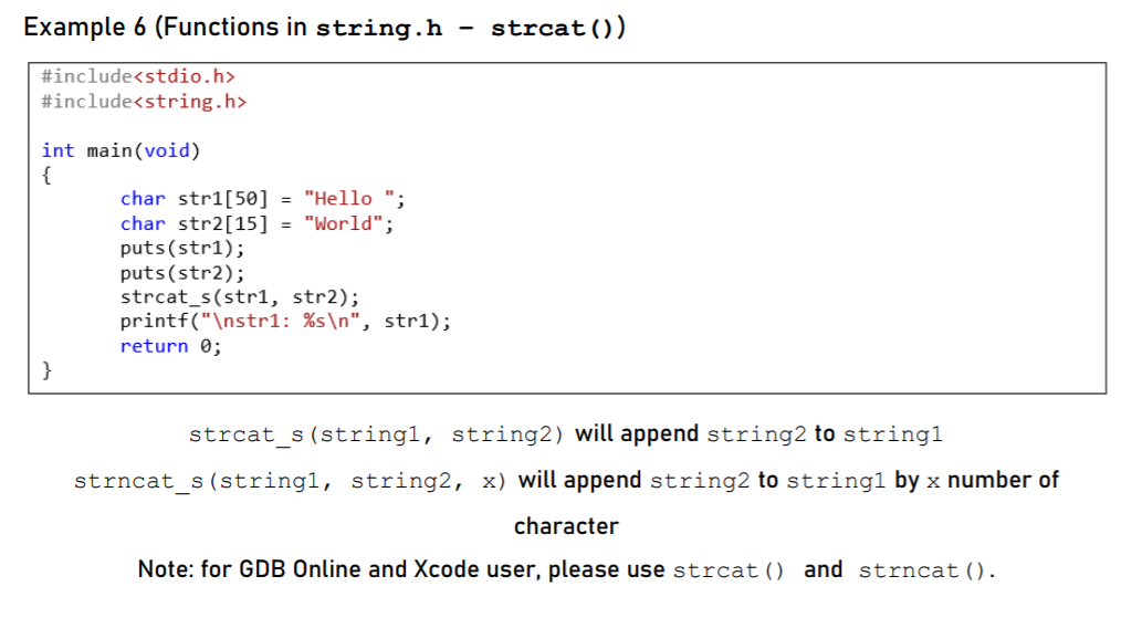 Example 6 (Functions in string.h - strcat()) #include | Chegg.com