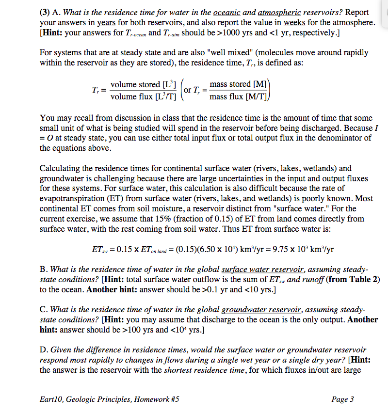 Solved Table 1. Volumes of Hydrologic Reservoirs 96.5 | Chegg.com