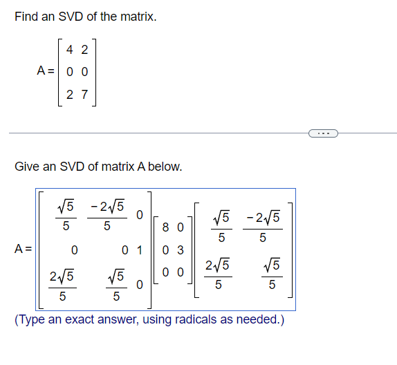 Find an SVD of the matrix. A=[−3−113] A= (Type an | Chegg.com