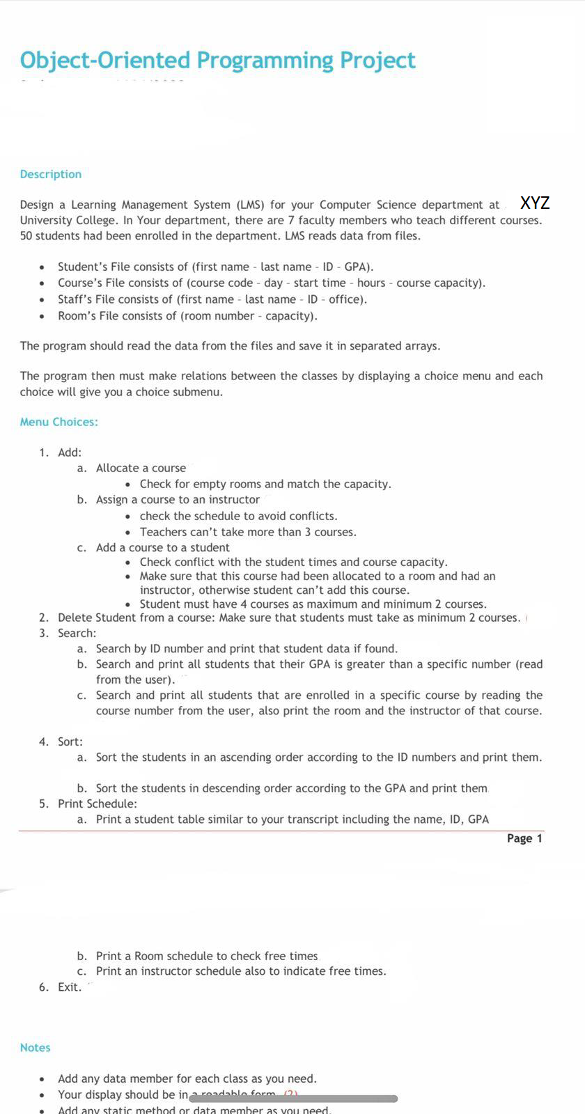 Object Oriented Programming Project Description