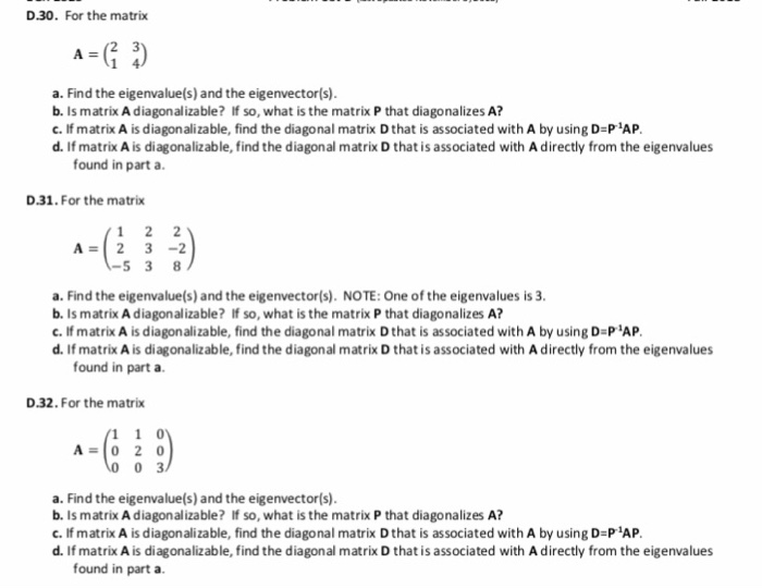 Solved D.30. For the matrix A-(2 3 a. Find the eigenvalue(s) | Chegg.com