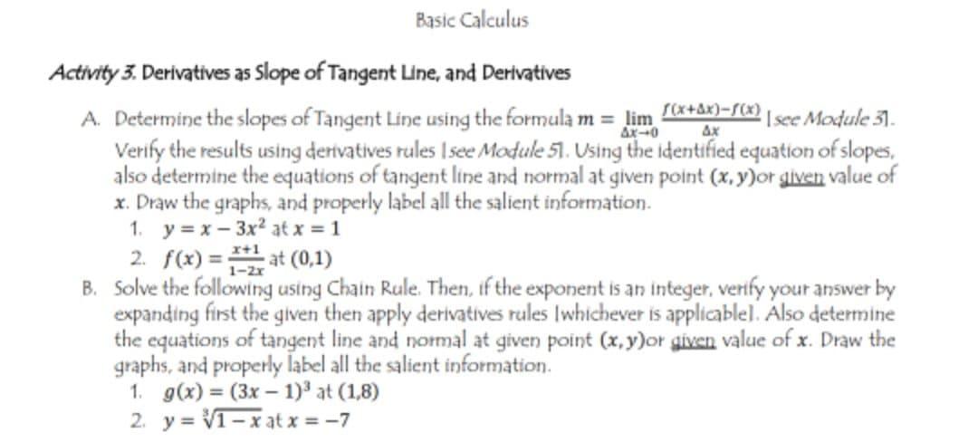 Solved Basic Calculus 8x Activity 3. Derivatives as slope of | Chegg.com