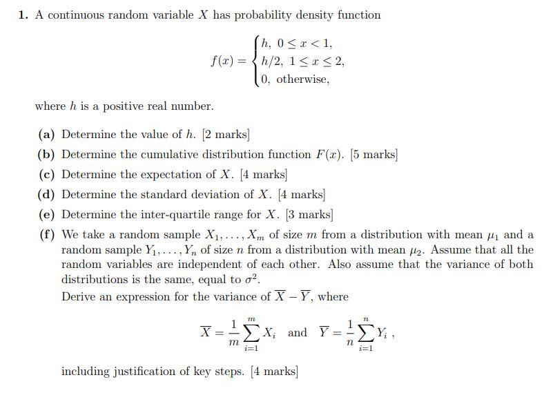Solved 1. A continuous random variable X has probability | Chegg.com