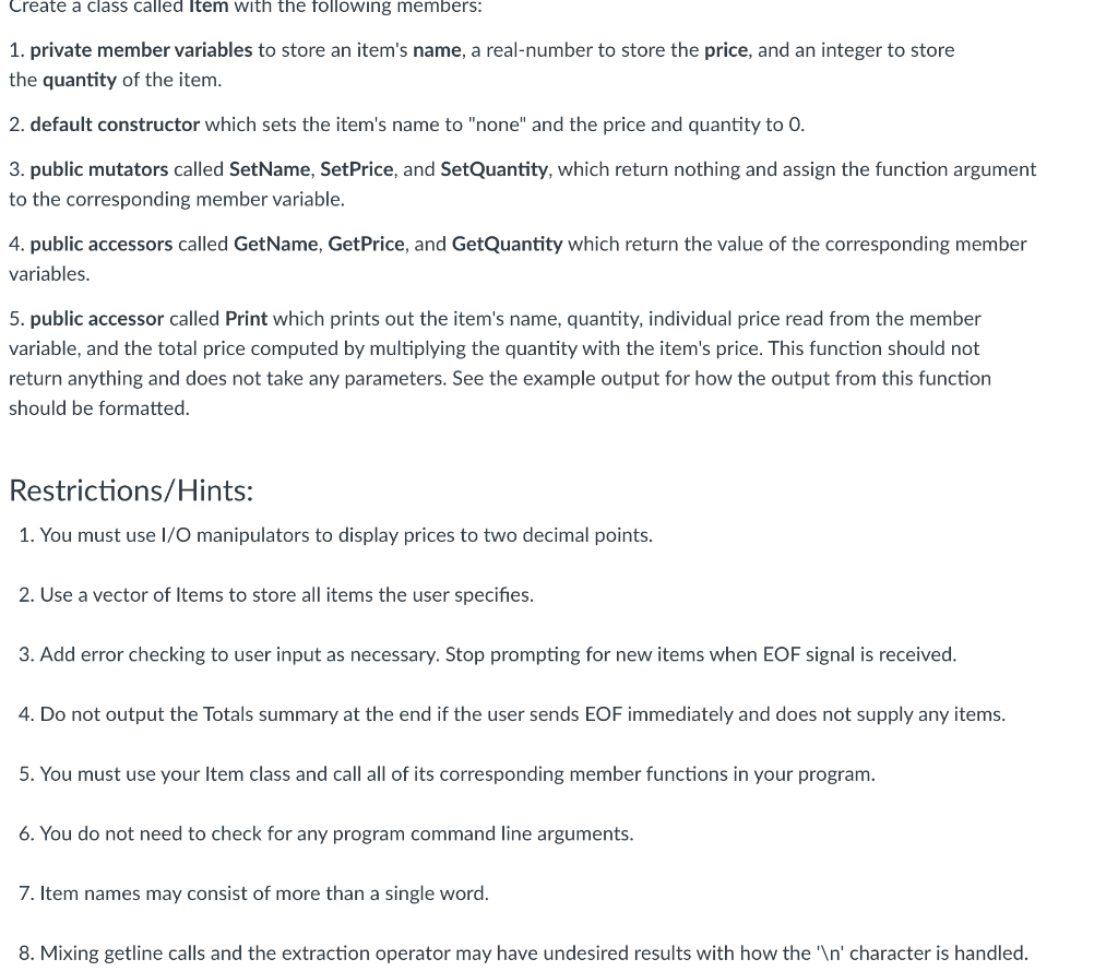 Solved Create a class called Item with the following | Chegg.com