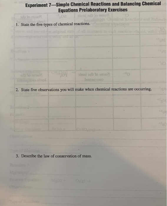 Solved Experiment 7-Simple Chemical Reactions and Balancing | Chegg.com