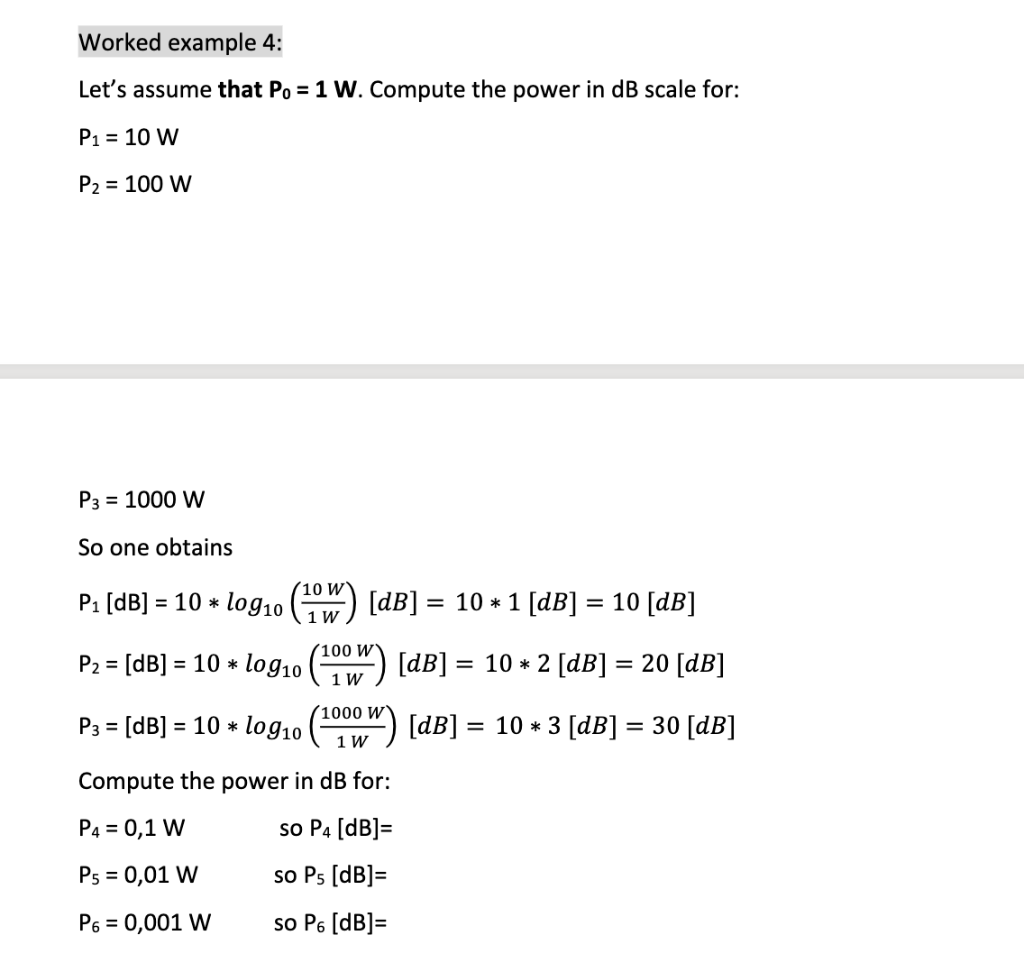 Solved Let's assume that P0=1W. Compute the power in dB | Chegg.com