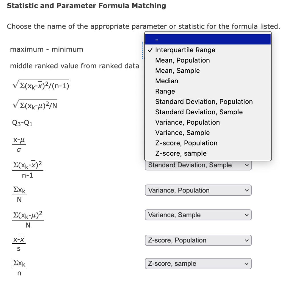 Solved Statistic and Parameter Formula Matching Choose the | Chegg.com