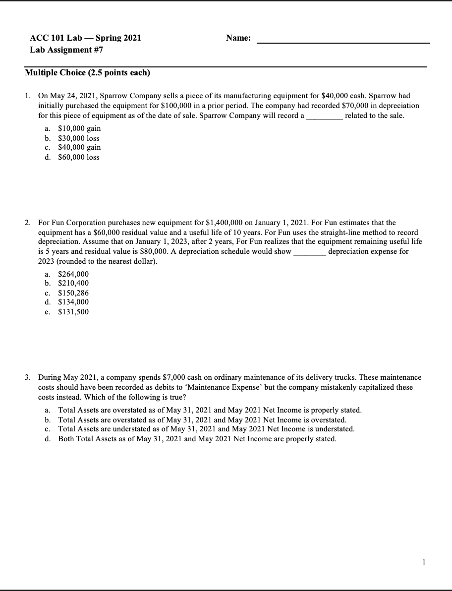 Solved Name: ACC 101 Lab— Spring 2021 Lab Assignment #7 | Chegg.com