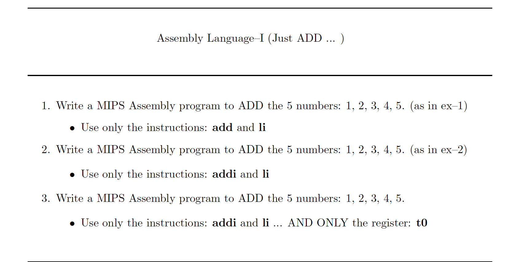 Solved Assembly Language-I (Just ADD ... ) 1. Write a MIPS | Chegg.com