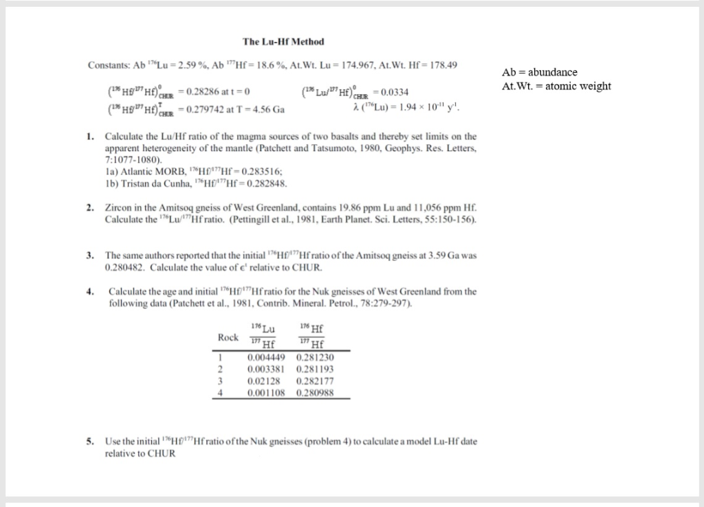 Solved The Lu-Hf Method Constants: Ab 17"Lu-2.59 %. Ab 177Hf | Chegg.com