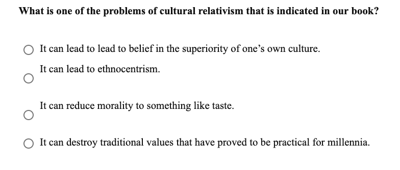 Solved What is one of the problems of cultural relativism | Chegg.com