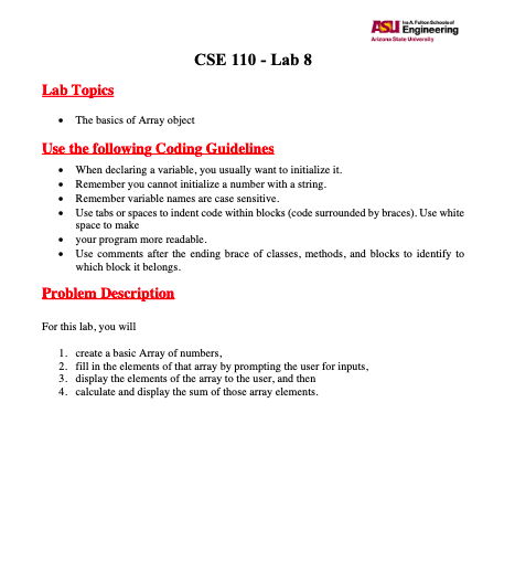 Solved ASUEngineering iSe ty CSE 110 Lab 8 - Lab Topics The | Chegg.com
