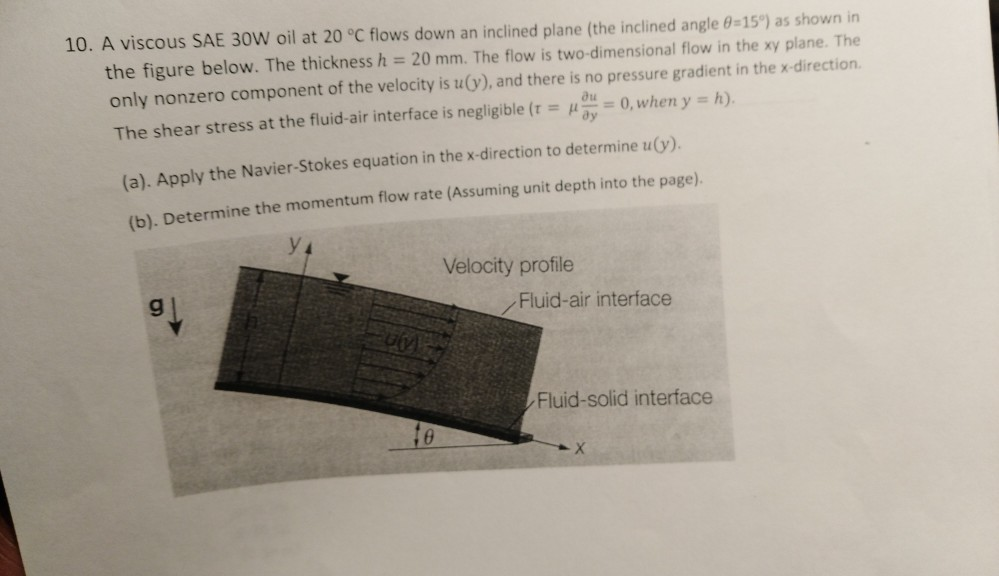 Solved 10. A viscous SAE 30w oil at 20 °C flows down an | Chegg.com