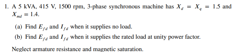 Solved 1. A 5kVA,415 V,1500rpm, 3-phase synchronous machine | Chegg.com