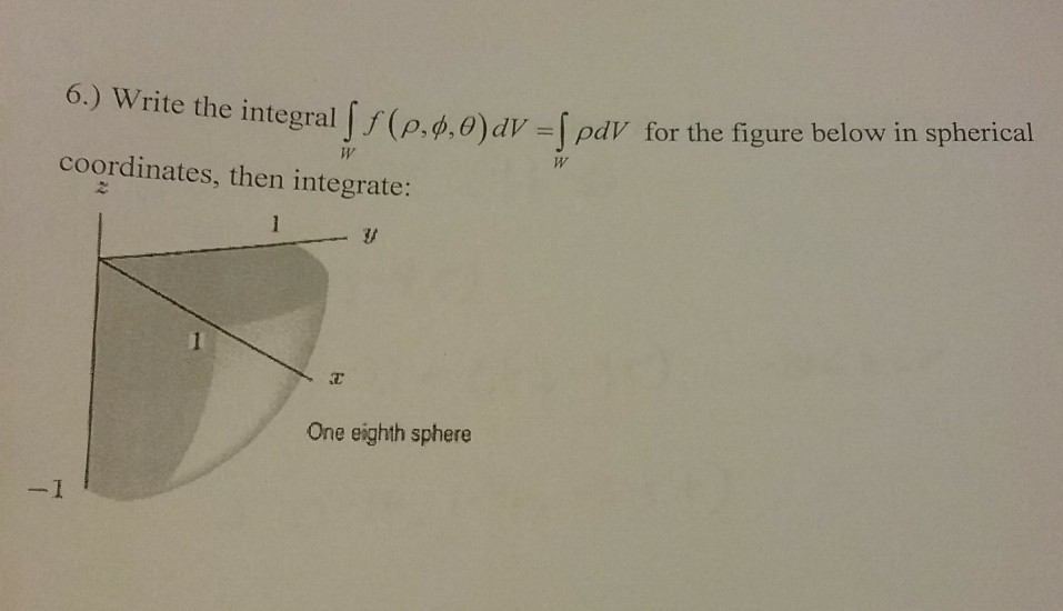 Solved 6.) Write the integral !/(r,φ,0)dV-/pdV for the | Chegg.com