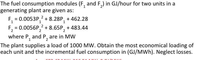 Solved The fuel consumption modules (F1 and F2) in GJ/hour | Chegg.com