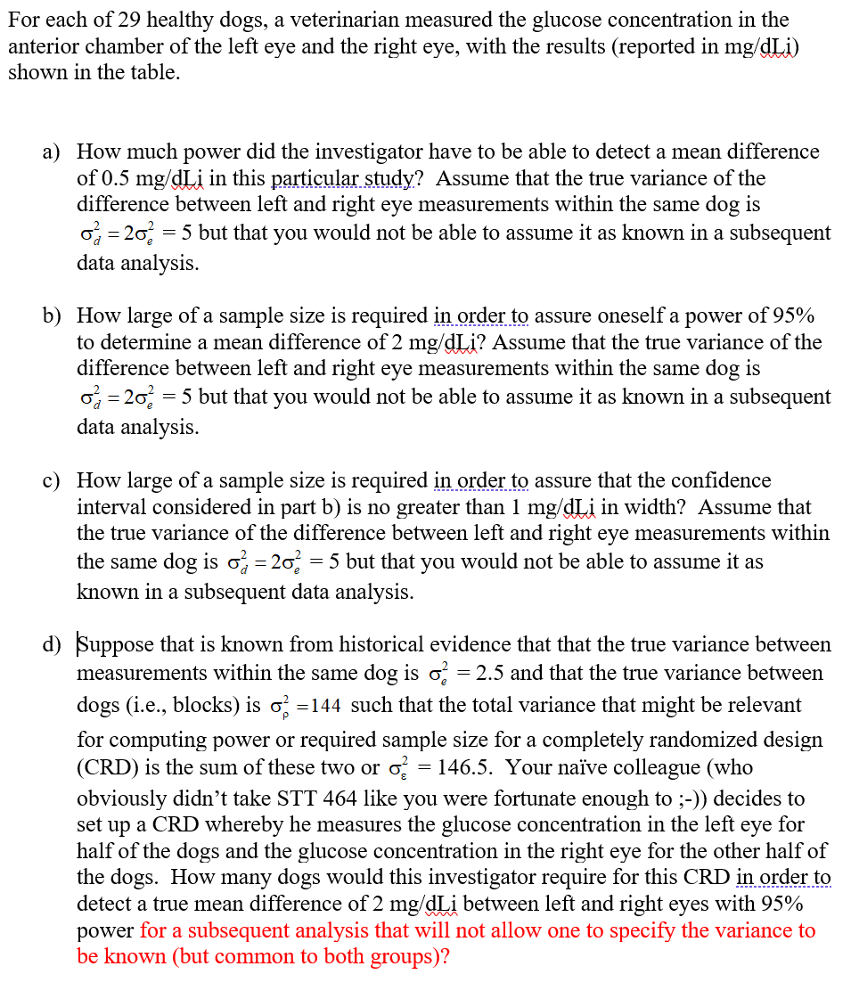 Solved For each of 29 healthy dogs, a veterinarian measured | Chegg.com