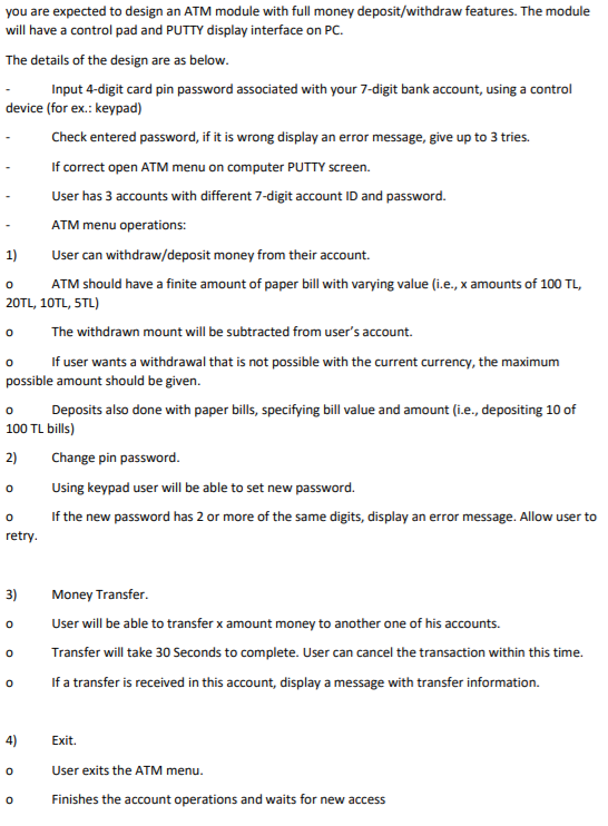 Solved you are expected to design an ATM module with full | Chegg.com