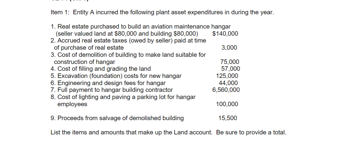 Item 1: Entity A incurred the following plant asset | Chegg.com