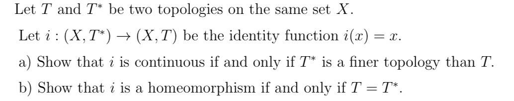 Solved =. Let T and T* be two topologies on the same set X. | Chegg.com